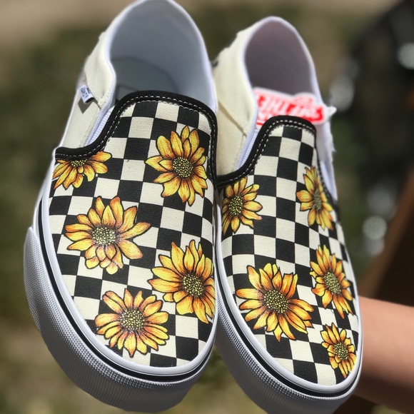 Vans | Shoes | Checkered Custom Sunflower Vans | Poshmark